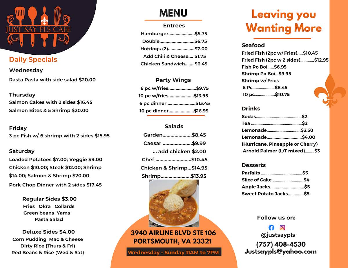 Menu at Just Say PLS Cafe, Chesapeake