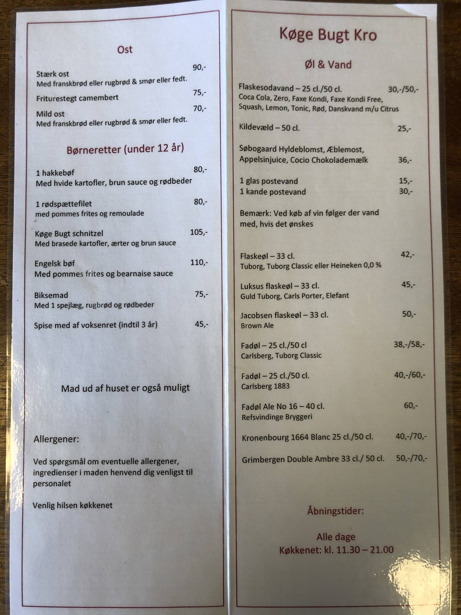 Menu at Køge Bugt Kro restaurant, Greve Strand