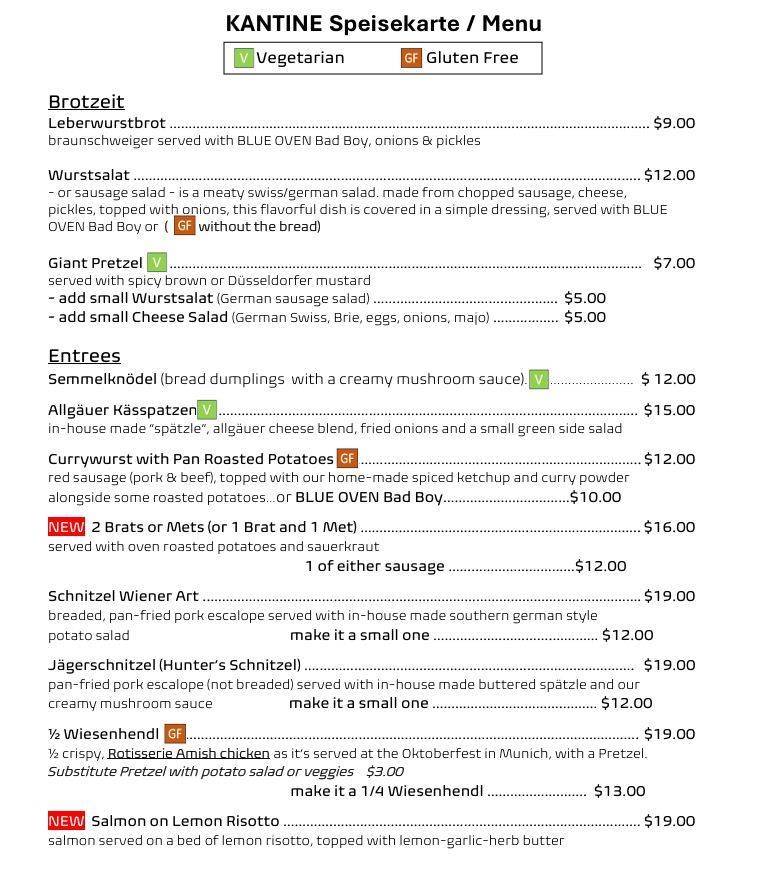 Menu at KANTINE Biergarten Wine Bar Eatery, Cincinnati