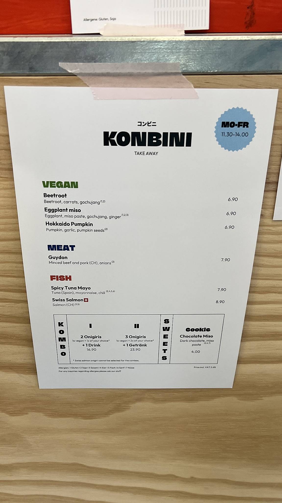 Menu da KONBINI Onigiri, Zurigo