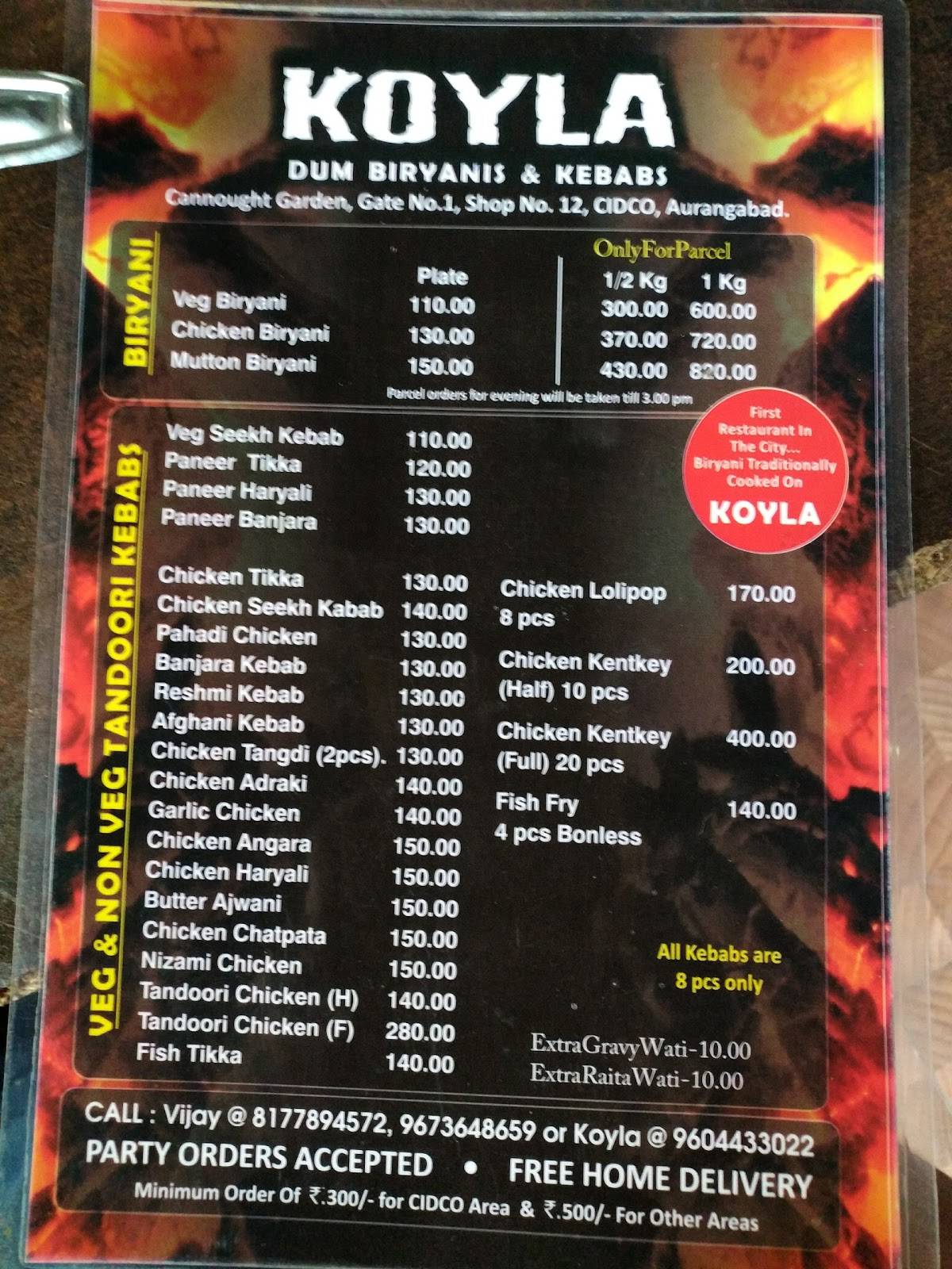 Menu at KOYLA - Dum Biryanis, Kebabs & Curries, Aurangabad, Mini Shop ...