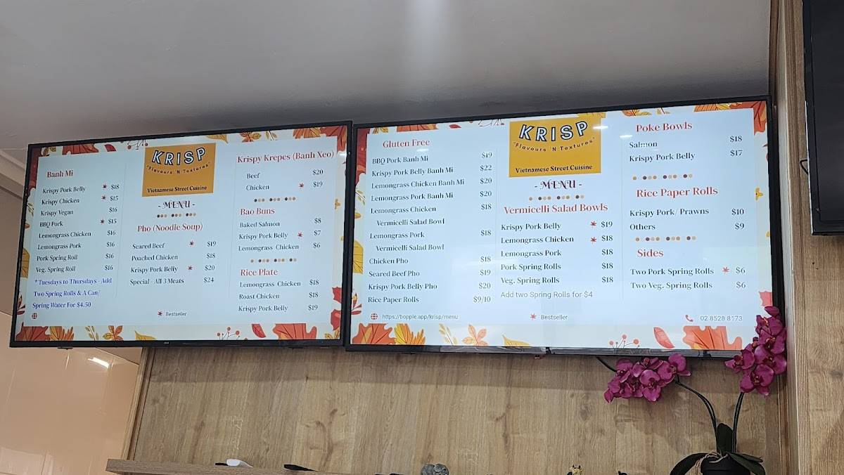 Menu at KRISP restaurant, Dapto
