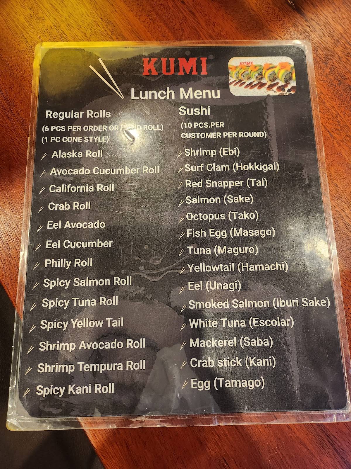Menu at KUMI Seafood Sushi Chinese Buffet restaurant, San Antonio