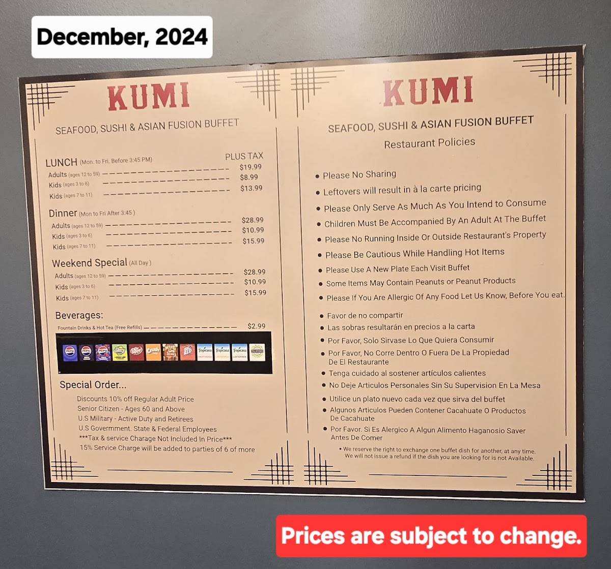Menu at KUMI Seafood Sushi Chinese Buffet restaurant, San Antonio