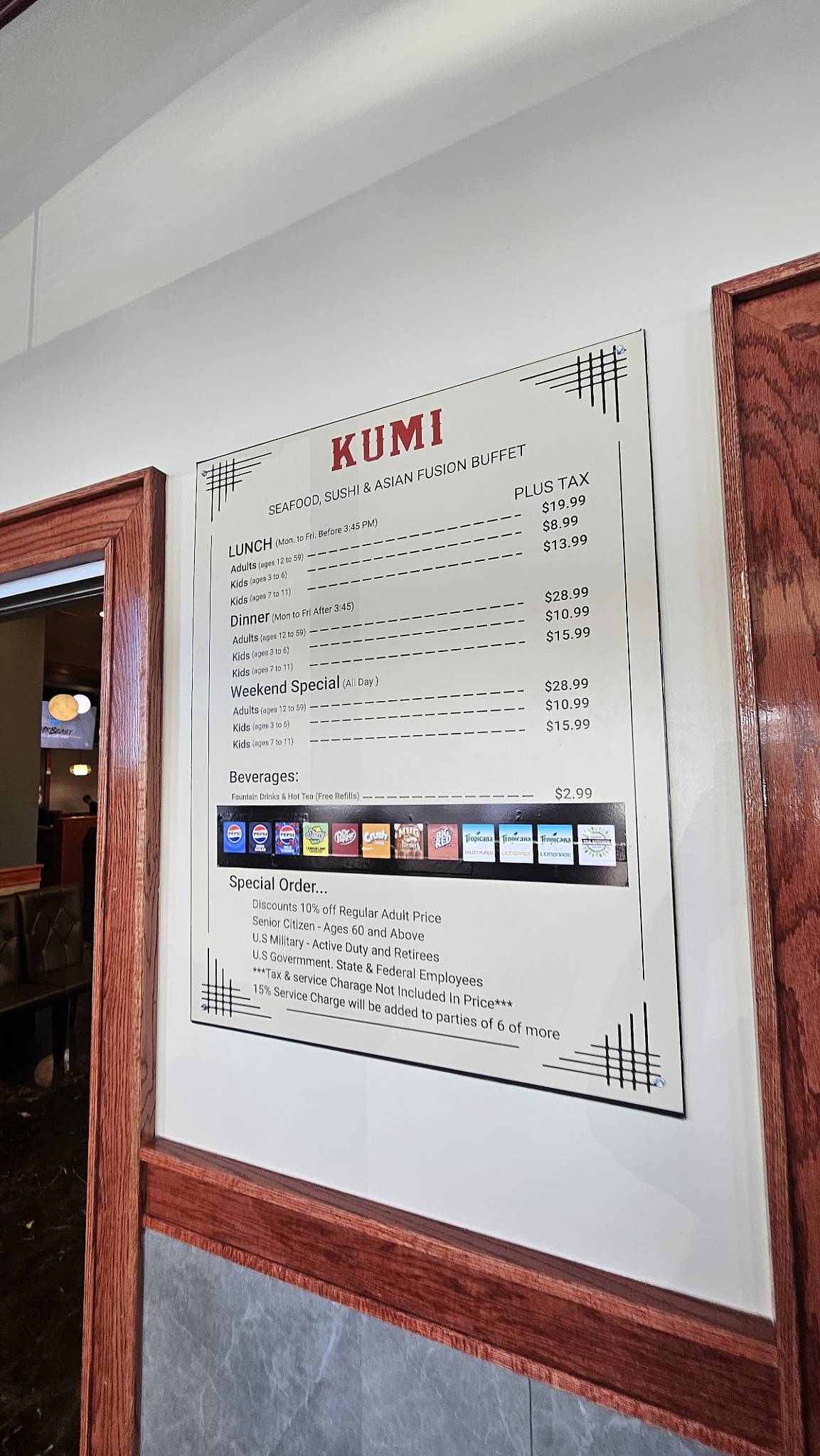 Menu at KUMI Seafood Sushi Chinese Buffet restaurant, San Antonio