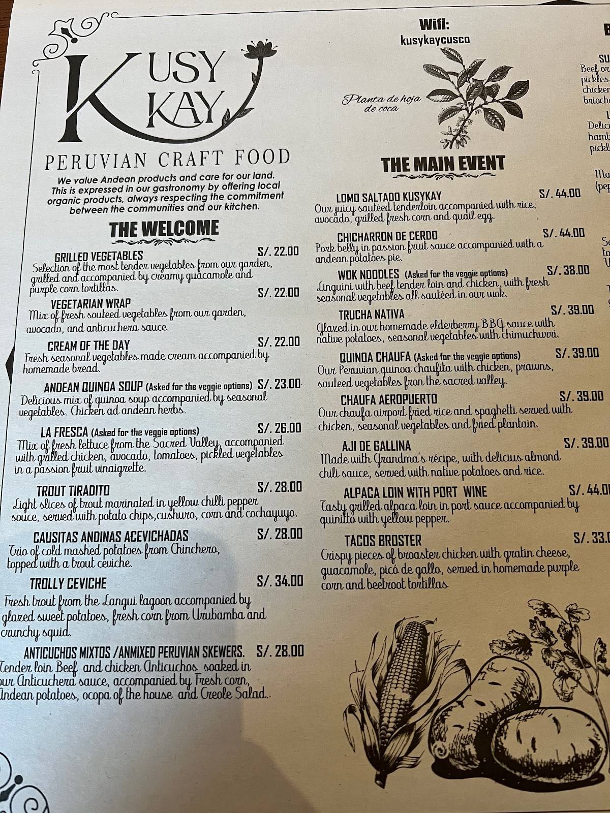 Menu at KUSYKAY Peruvian Craft Food restaurant, Cusco