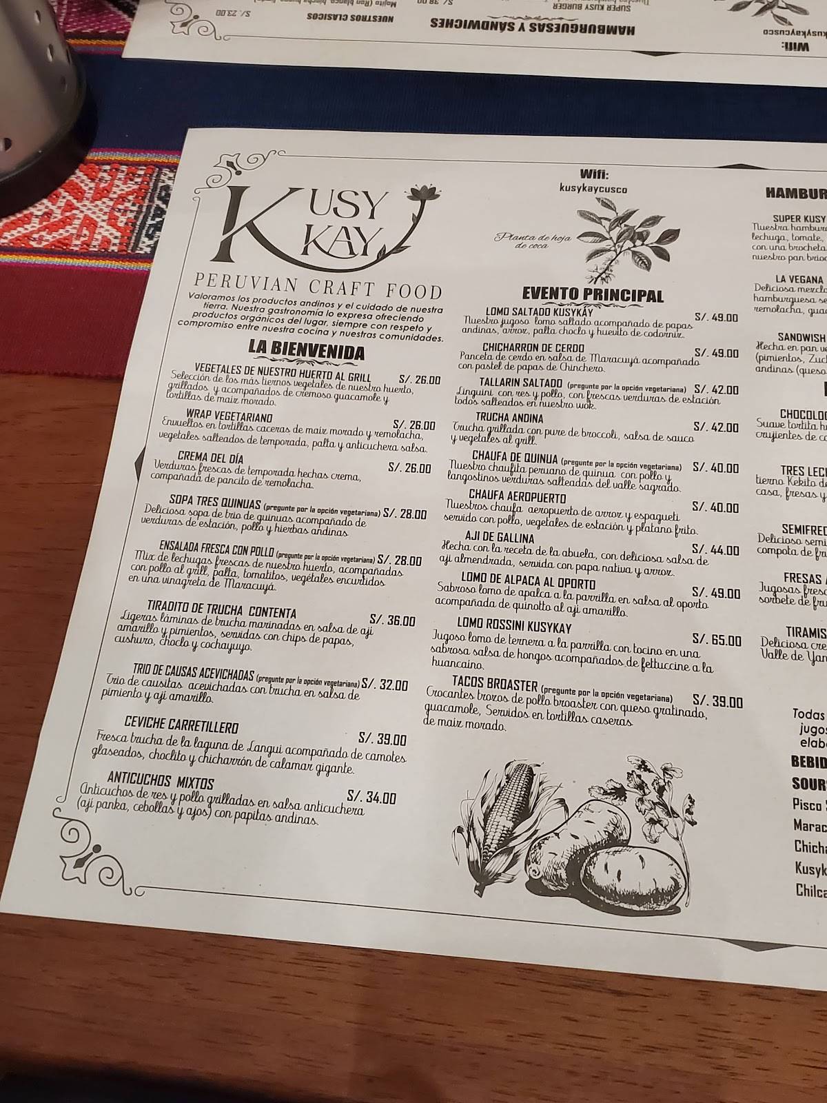 Menu at KUSYKAY Peruvian Craft Food restaurant, Cusco