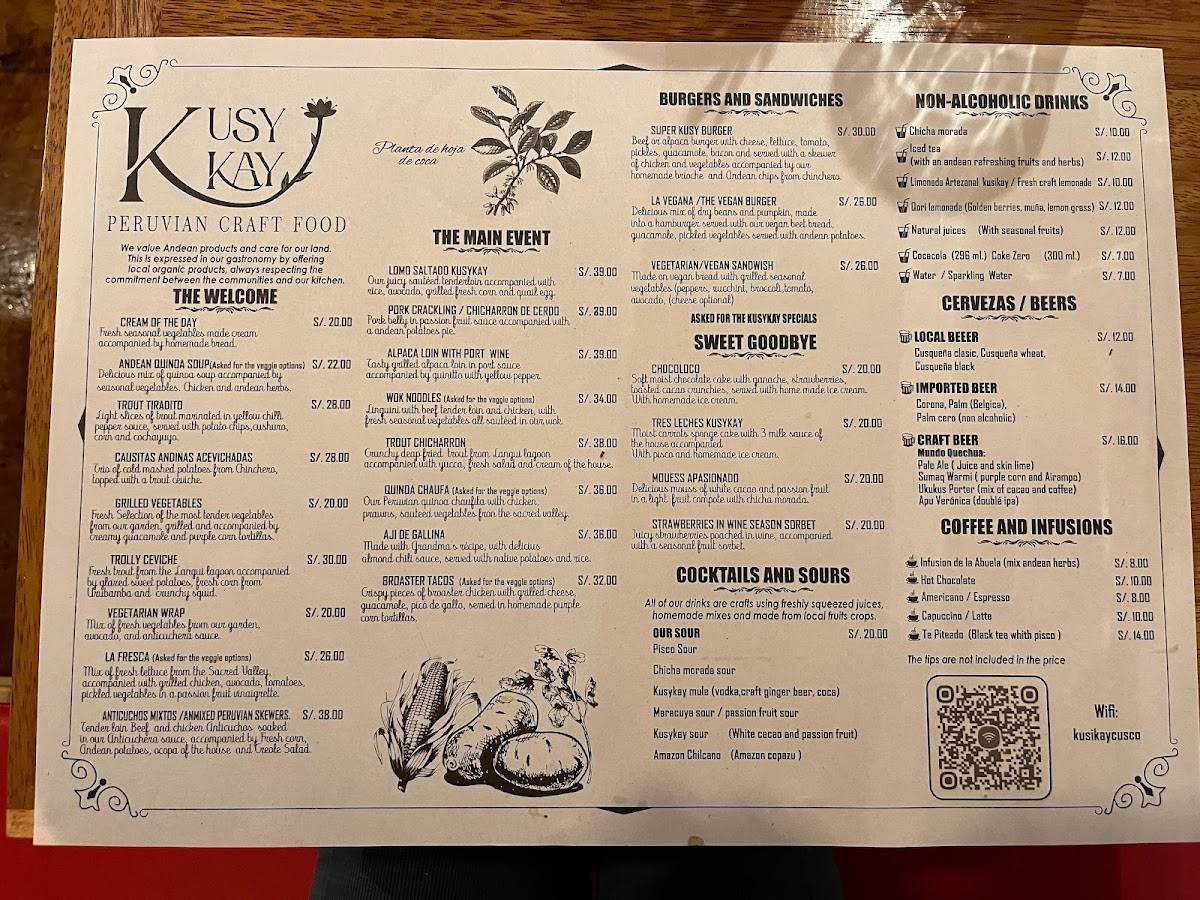 Menu at KUSYKAY Peruvian Craft Food restaurant, Cusco