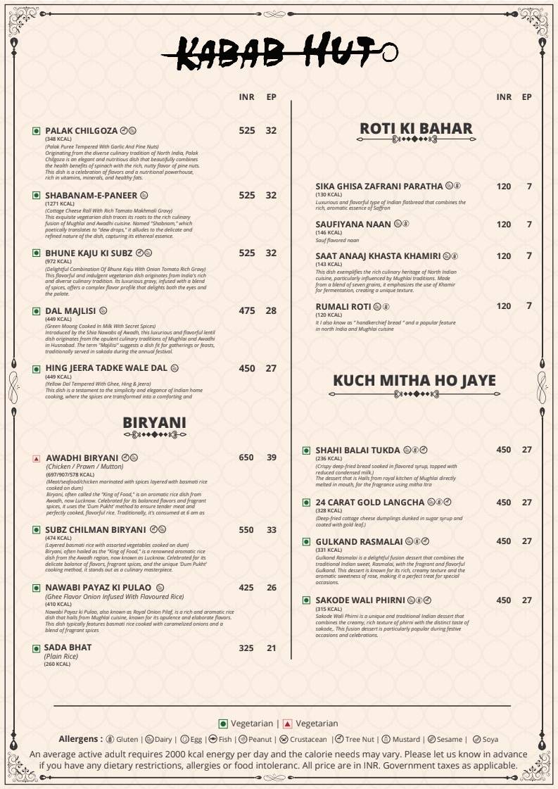 Menu at Kabab Hut, Nagpur, Wardha Road