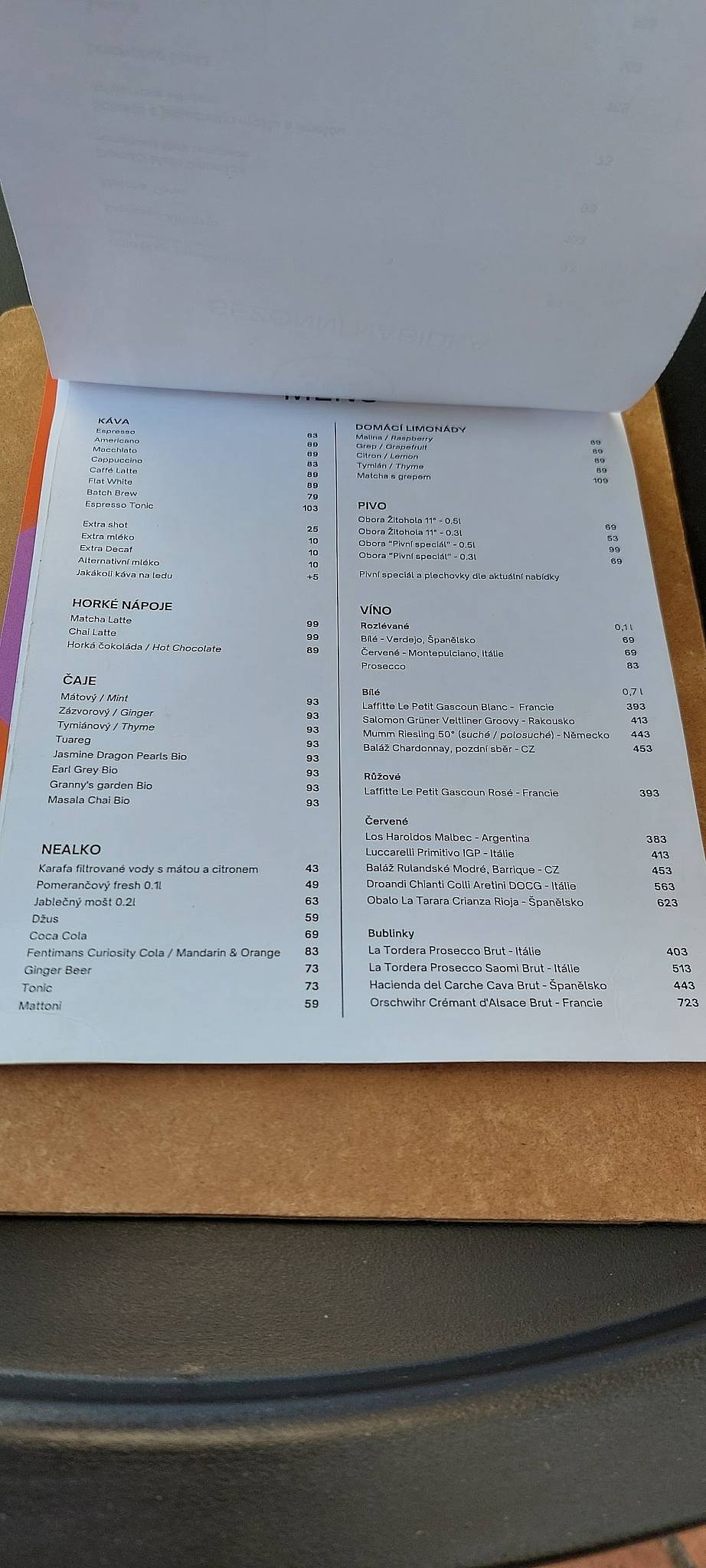 Menu at Kafe Atrium restaurant, Prague, Čajkovského 12