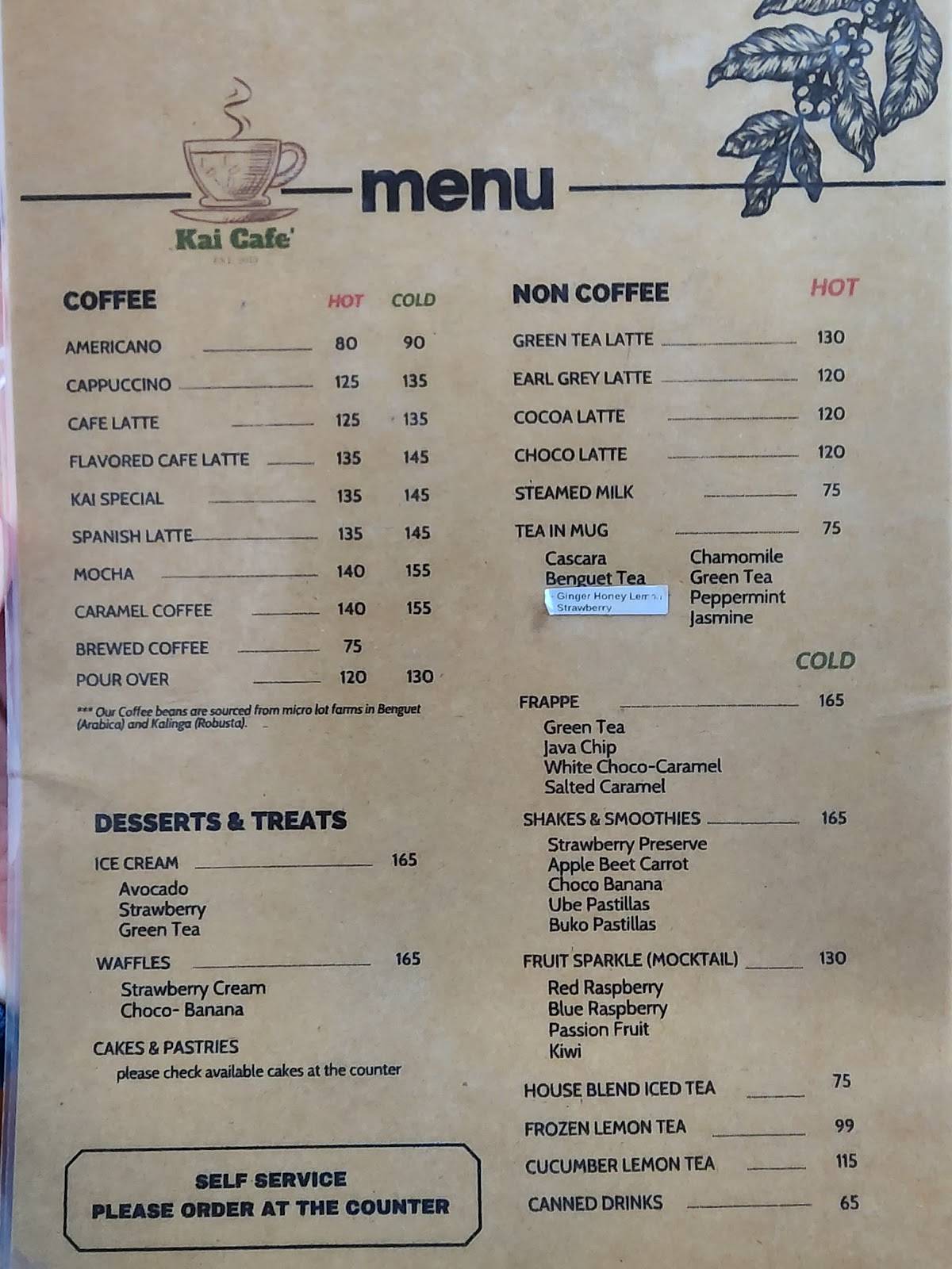 Menu at Kai Café cafe, La Trinidad, LLL Bldg km 4 pico
