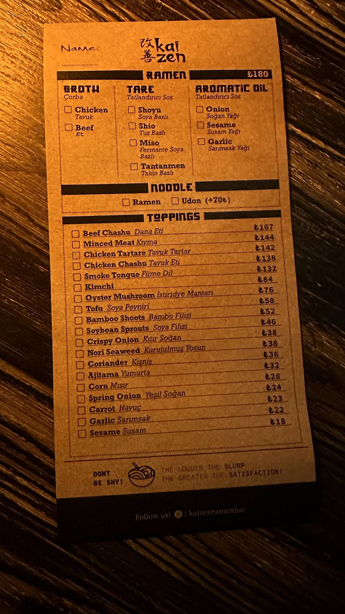 Menu at Kaizen Ramen - Erenköy, Istanbul