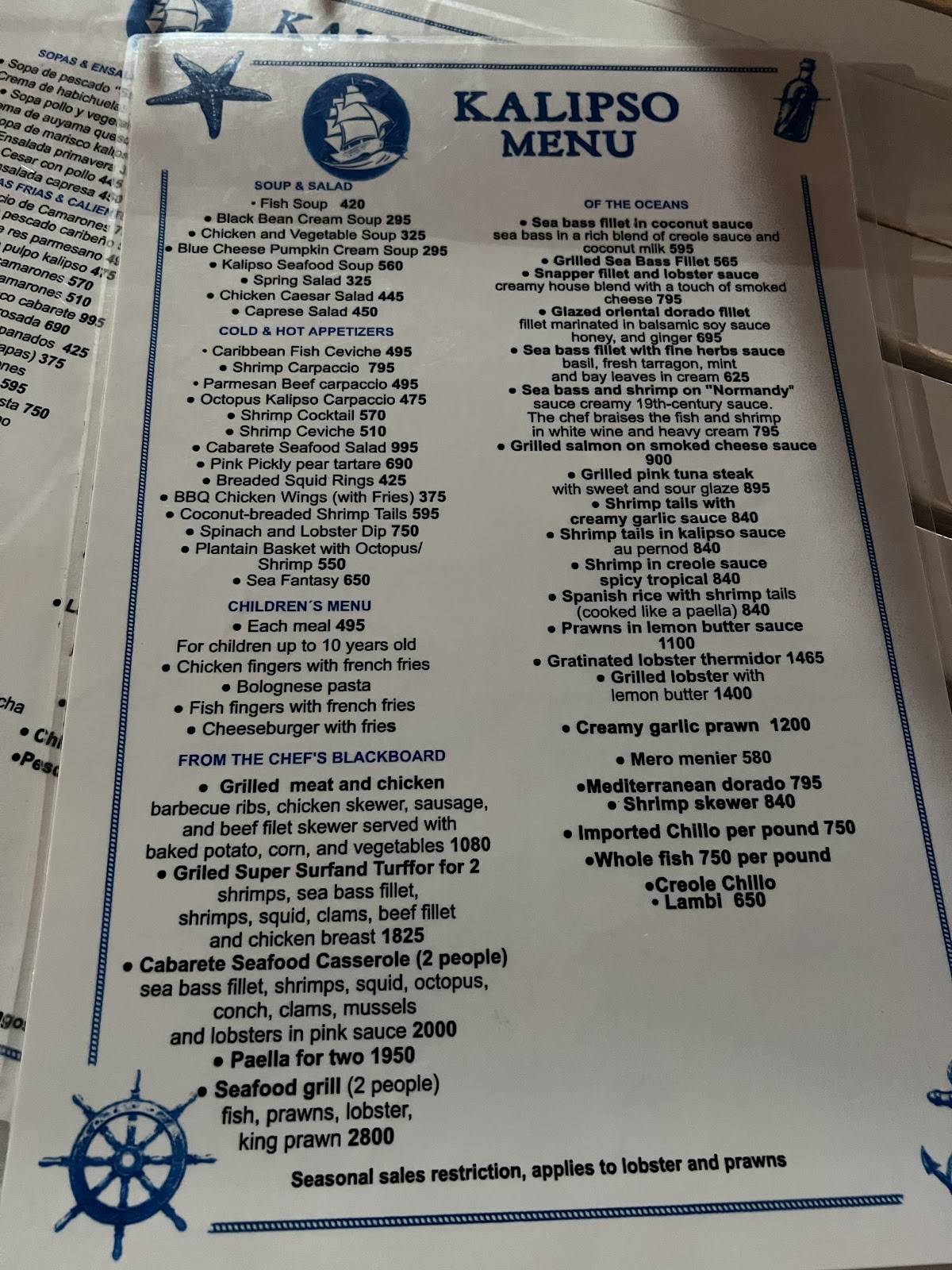 Menu at Kalypso Restaurant Beach Club 5*, Cabarete