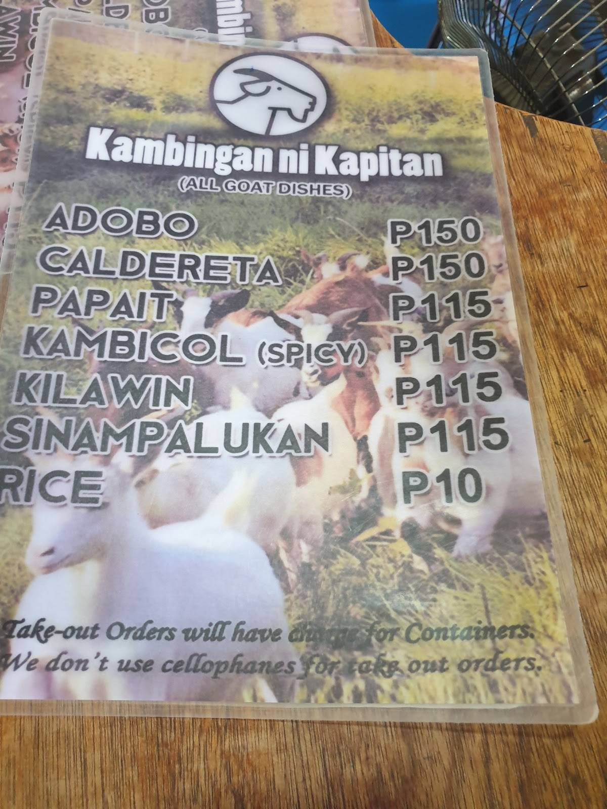 Menu at Kambingan Ni Kap restaurant, General Santos City