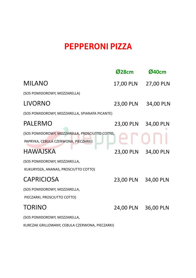 Menu at PEPPERONI pizzeria, Kamieniec Wrocławski