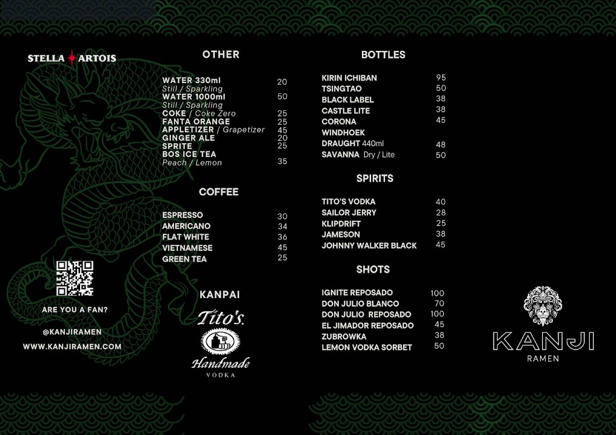 Menu at Kanji Ramen restaurant, Cape Town