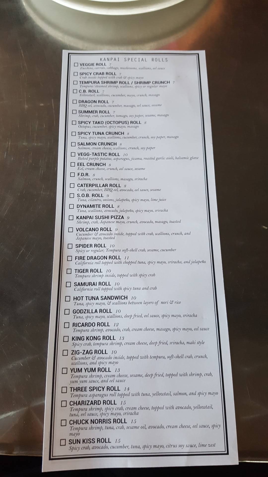 Menu at Kanpai restaurant, Evansville
