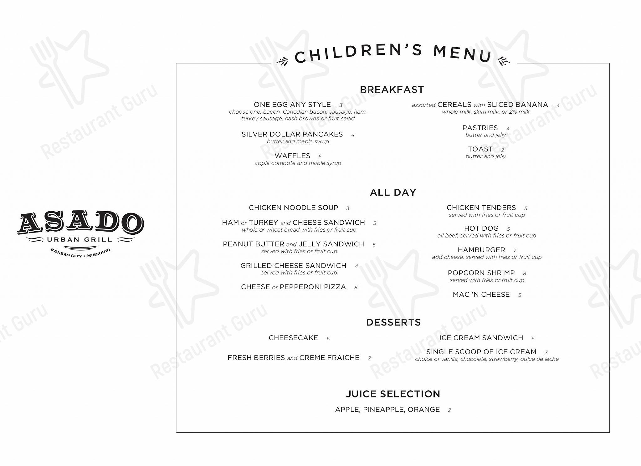 Menu at Asado Urban Grill and Lounge pub & bar, Kansas City