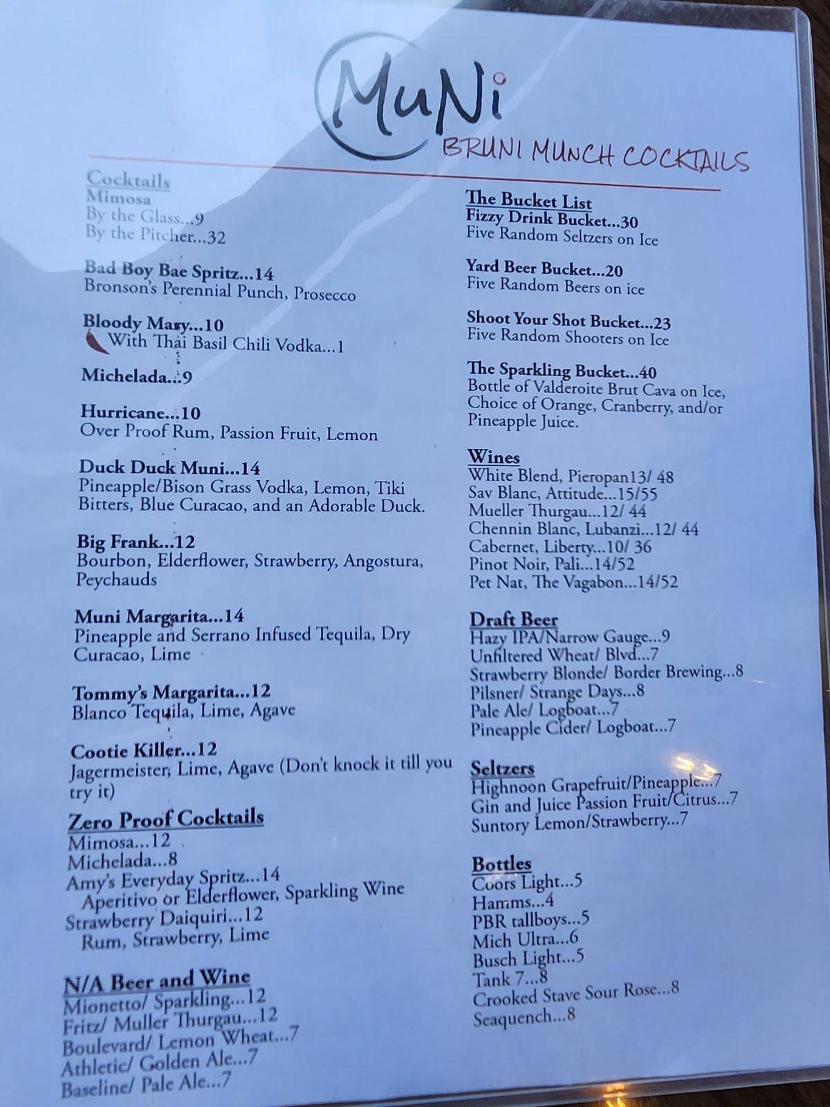 Menu at Muni pub & bar, Kansas City
