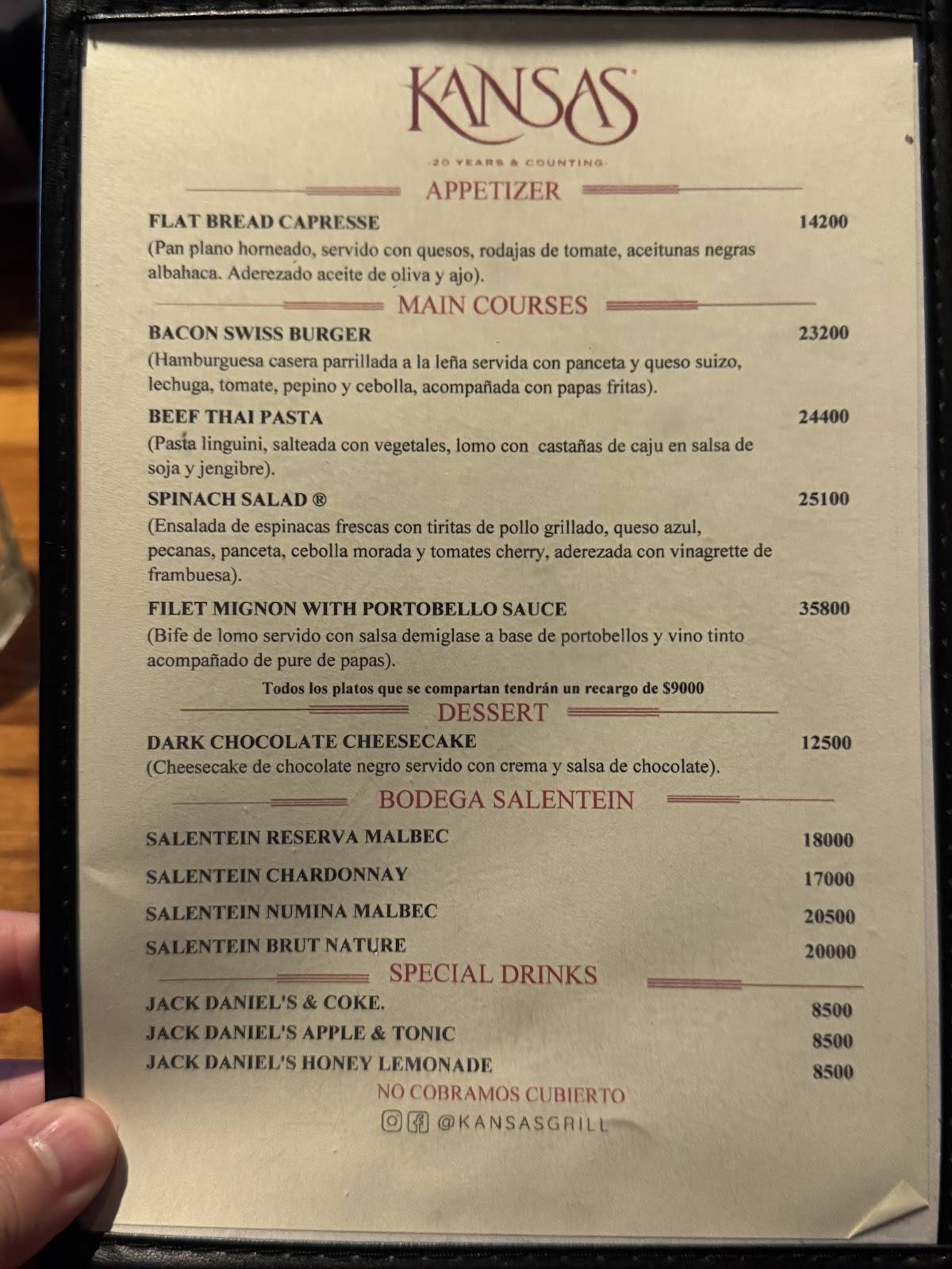 Carta del restaurante Kansas, Buenos Aires, Av. del Libertador 4625