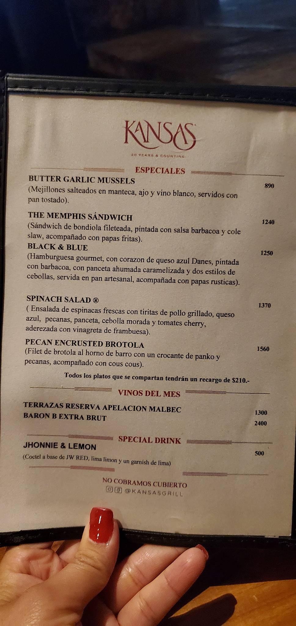 Carta del restaurante Kansas, Buenos Aires, Av. del Libertador 4625