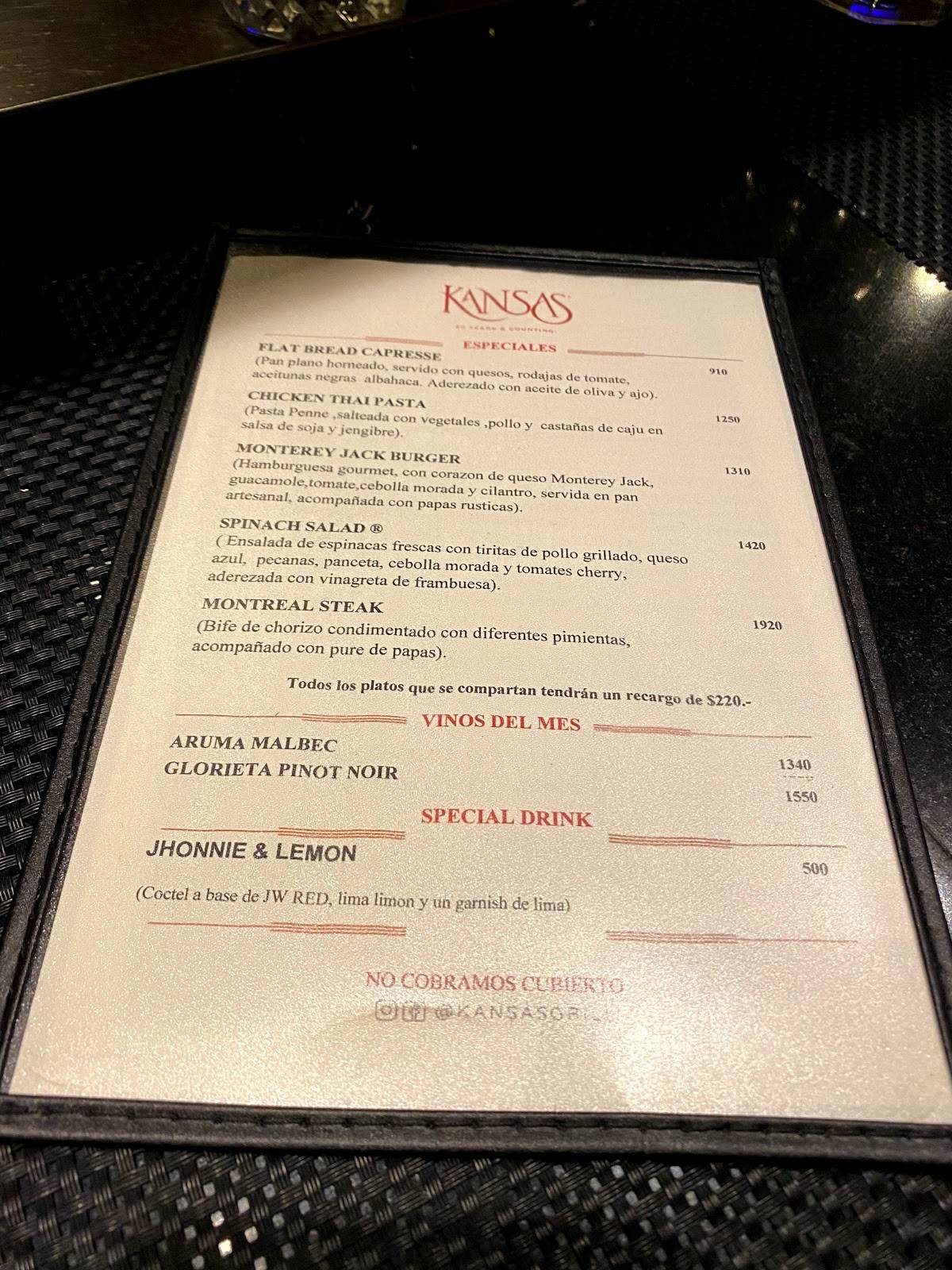 Carta del restaurante Kansas, Buenos Aires, Av. del Libertador 4625