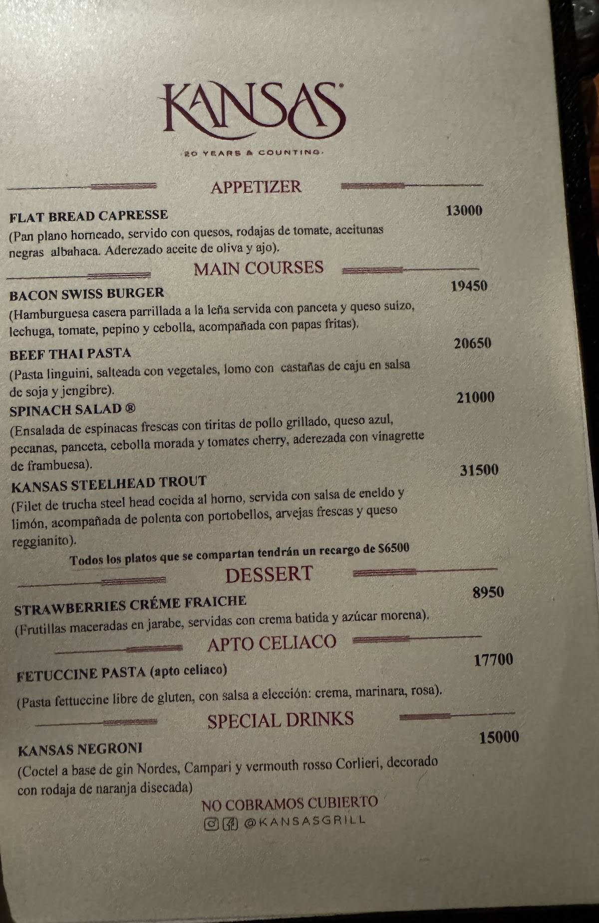 Carta del restaurante Kansas, Buenos Aires, Av. del Libertador 4625