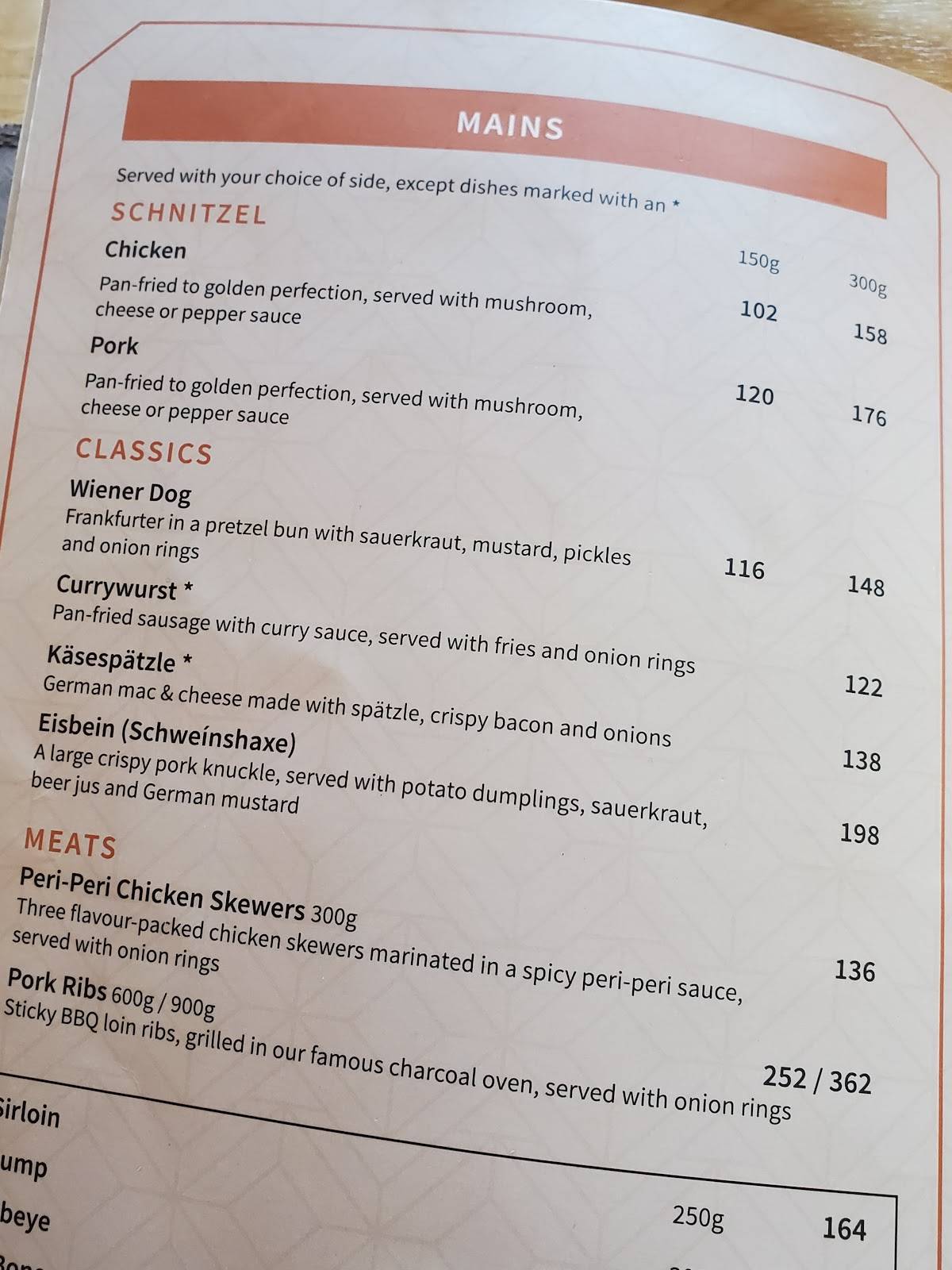 Menu at Kapstadt Brauhaus Strand restaurant, Cape Town