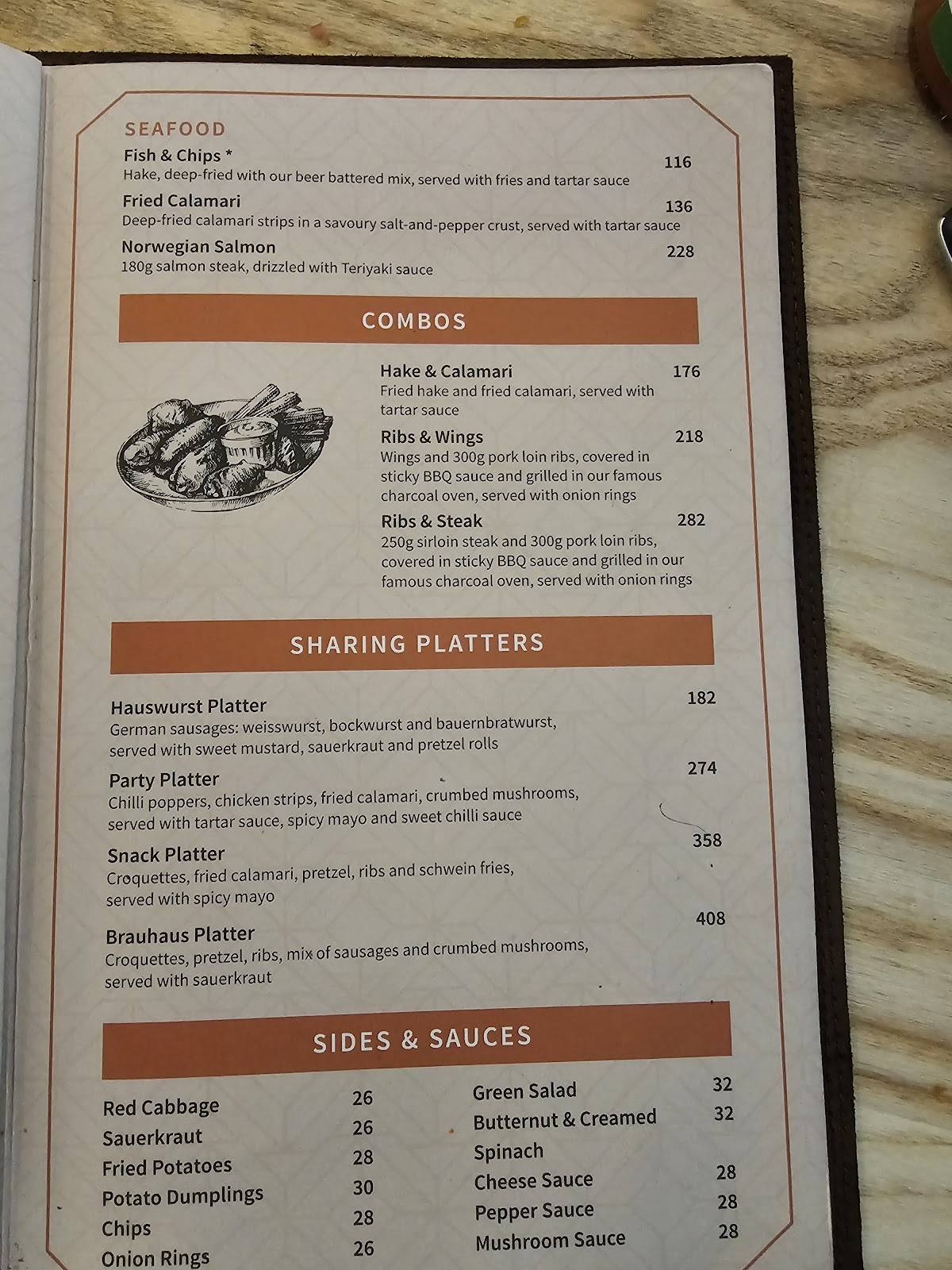 Menu at Kapstadt Brauhaus Strand restaurant, Cape Town