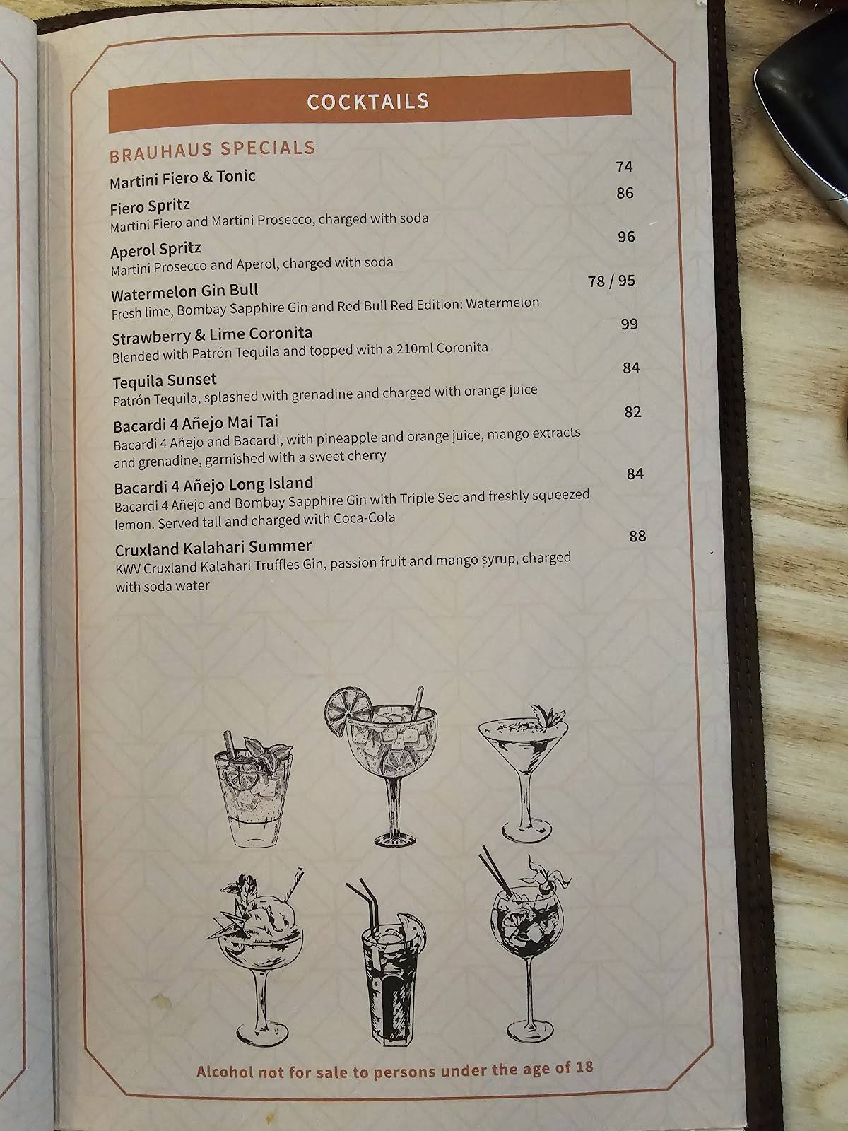 Menu at Kapstadt Brauhaus Strand restaurant, Cape Town