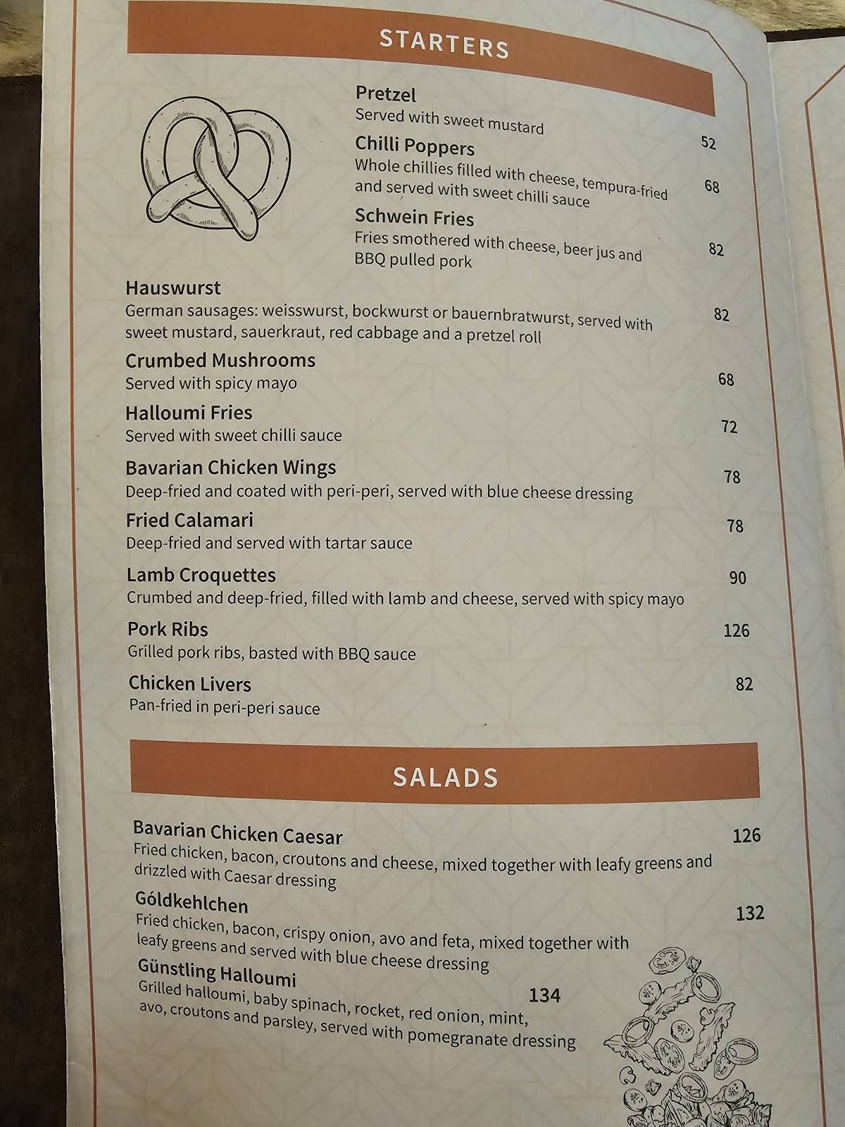 Menu at Kapstadt Brauhaus Strand restaurant, Cape Town