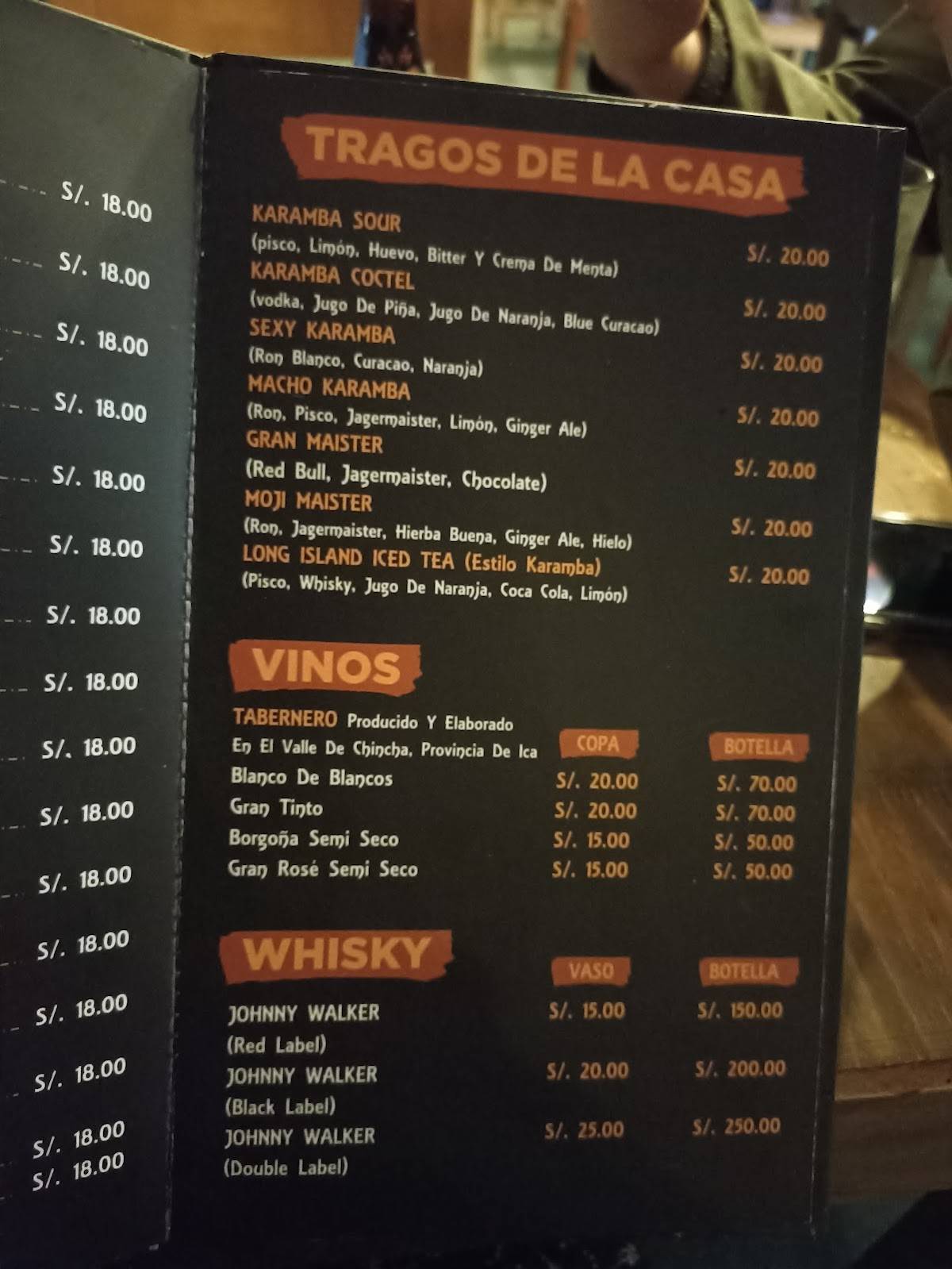 Carta de Karamba Resto-Bar, Paracas