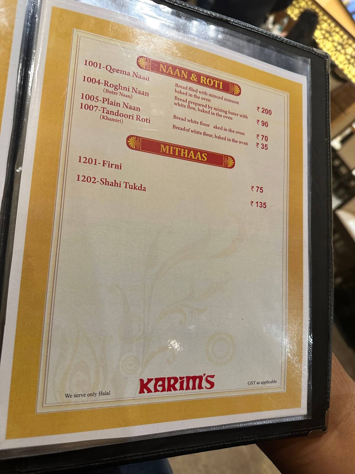 Menu at Karim's (Original from Jama Masjid Delhi 6) - Barasat, Kolkata