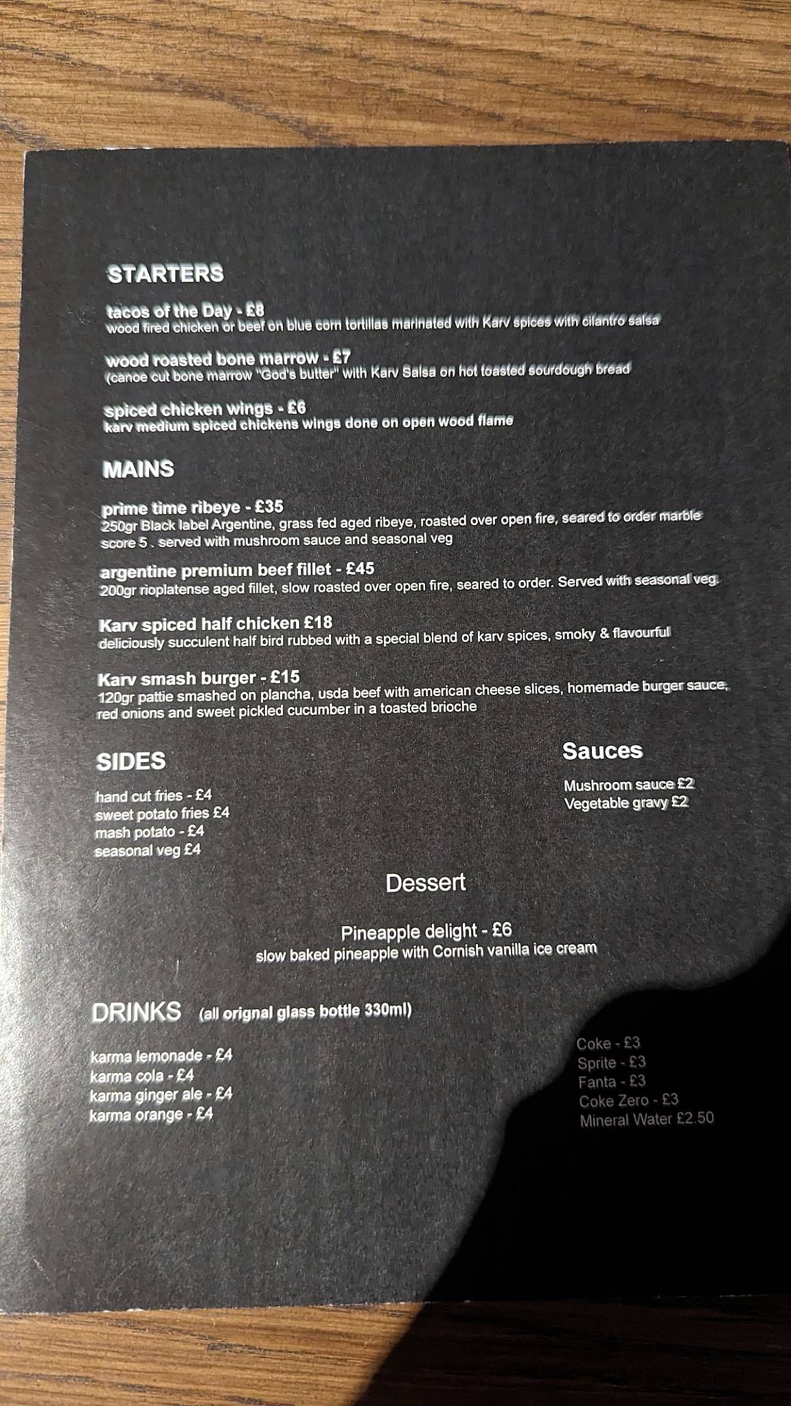 Menu at Karv Steakhouse, London