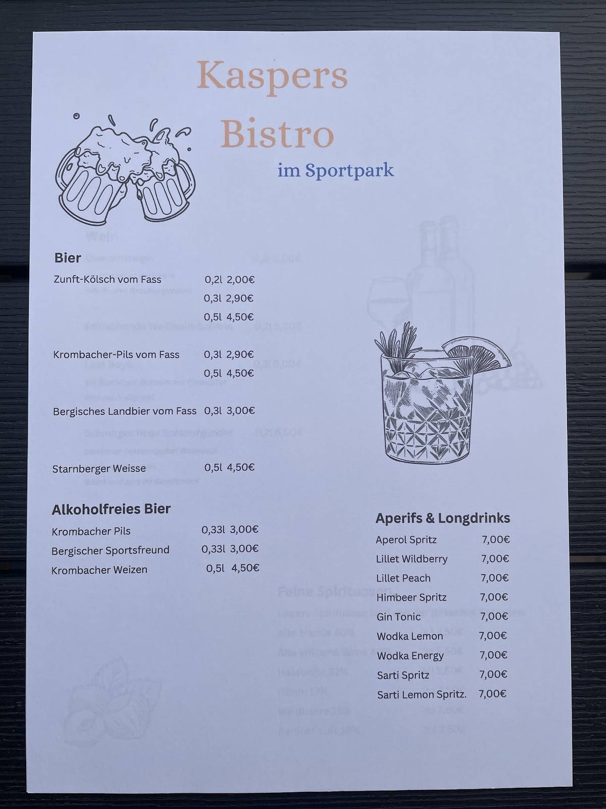 Menu au Kaspers Bistro, Nümbrecht