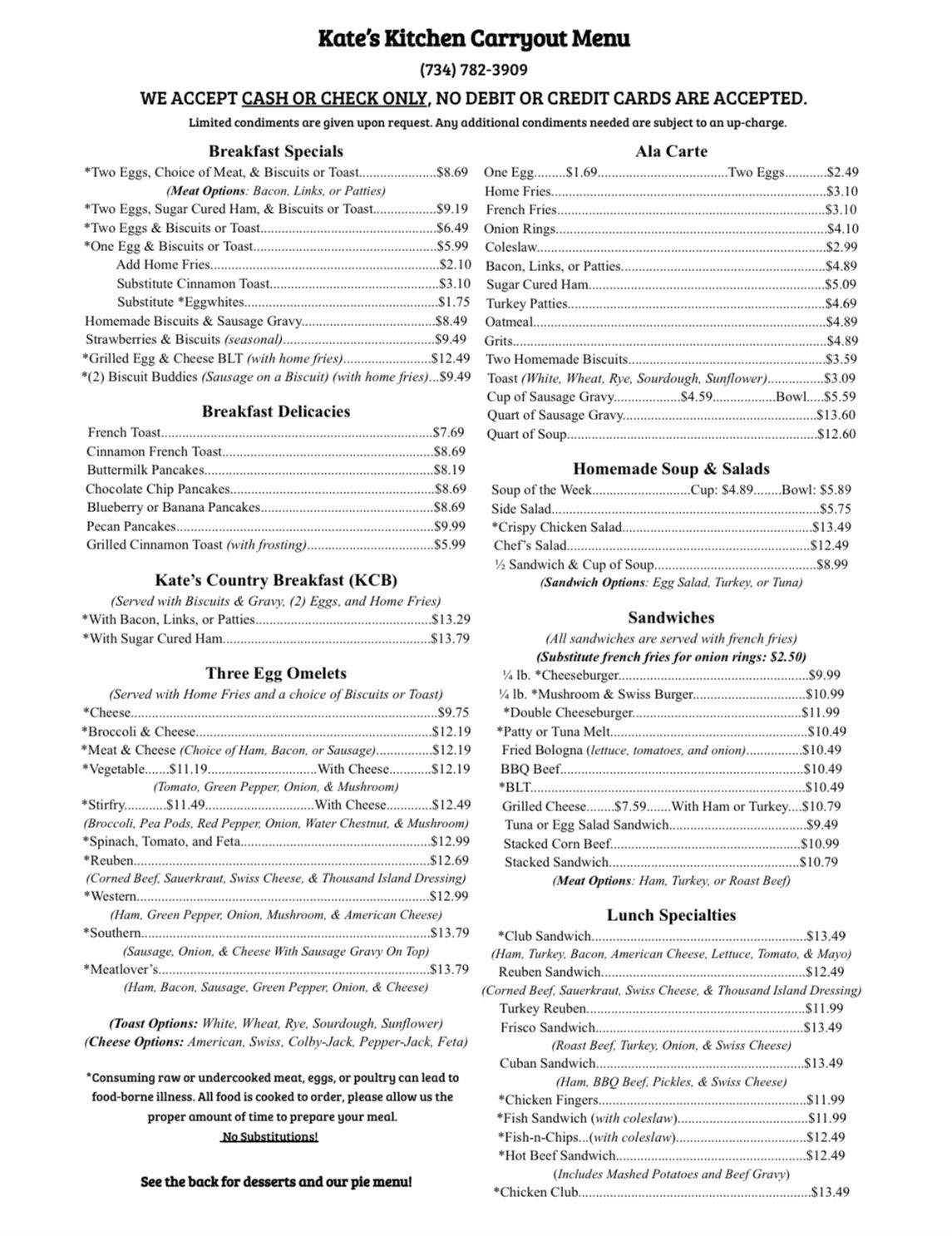 Menu at Kate's Kitchen restaurant, Flat Rock