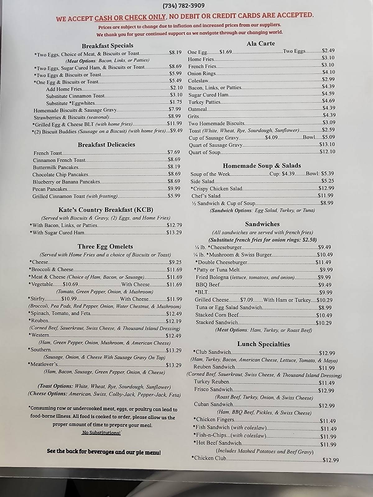 Menu at Kate's Kitchen restaurant, Flat Rock