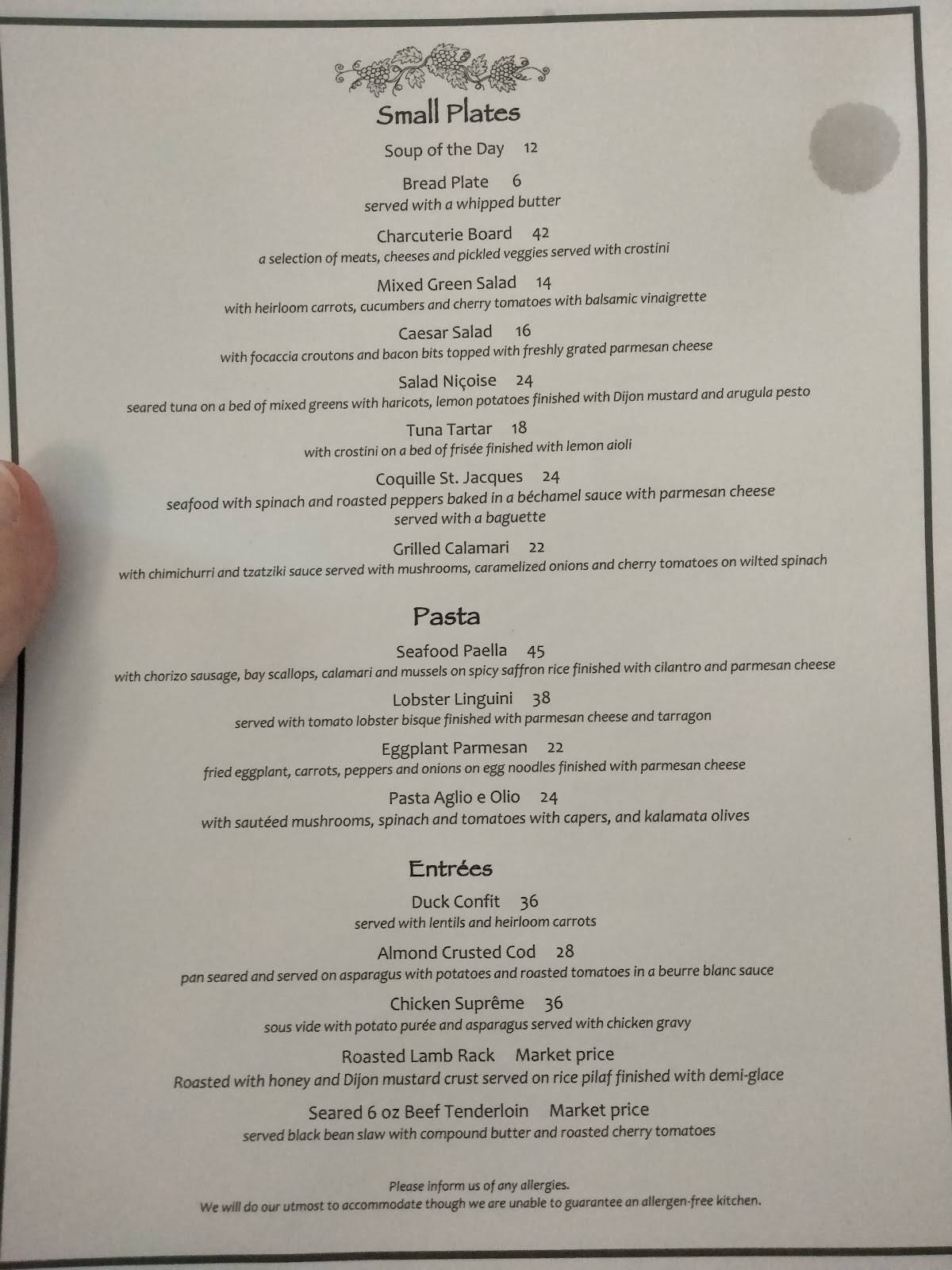 Menu at Katherine’s Chateau restaurant, Collingwood