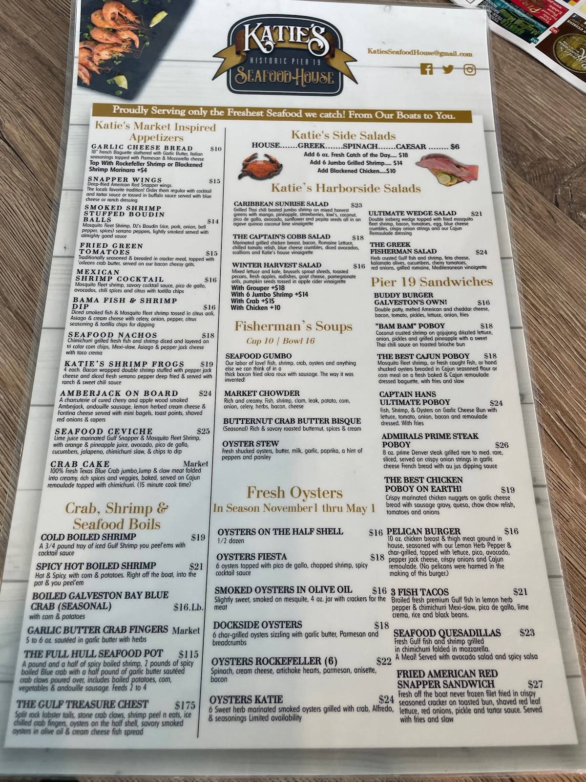 Menu at Katie's Seafood House restaurant, Galveston