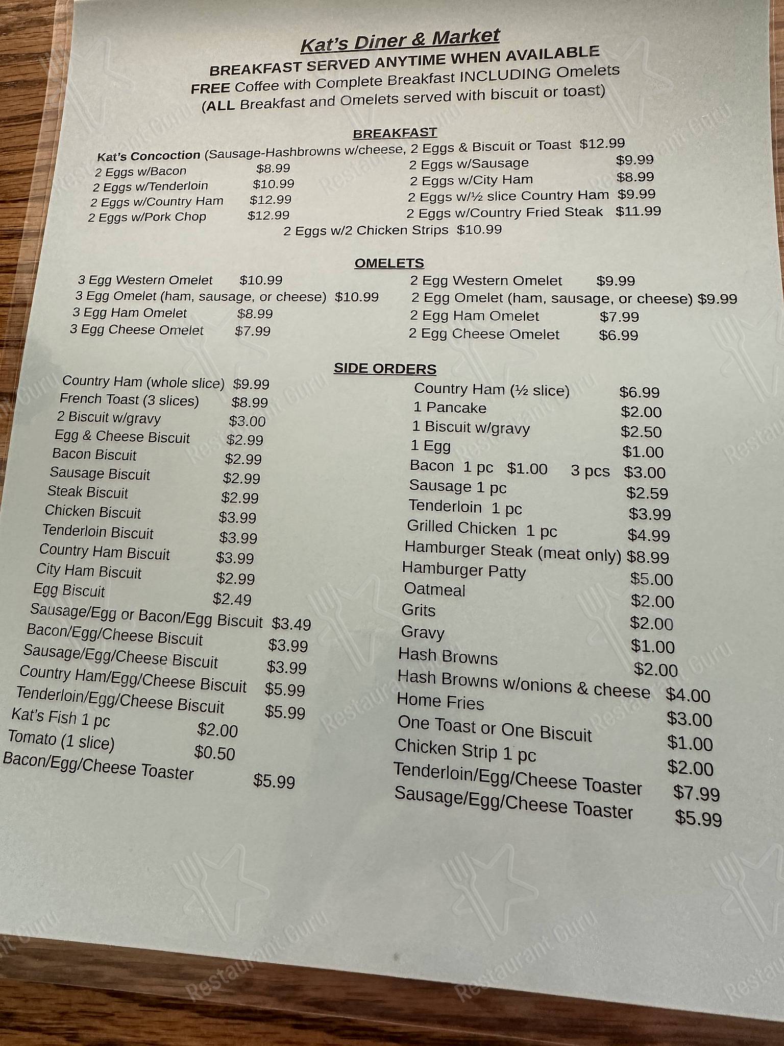 Menu at Kat's Diner & Market restaurant, Centertown