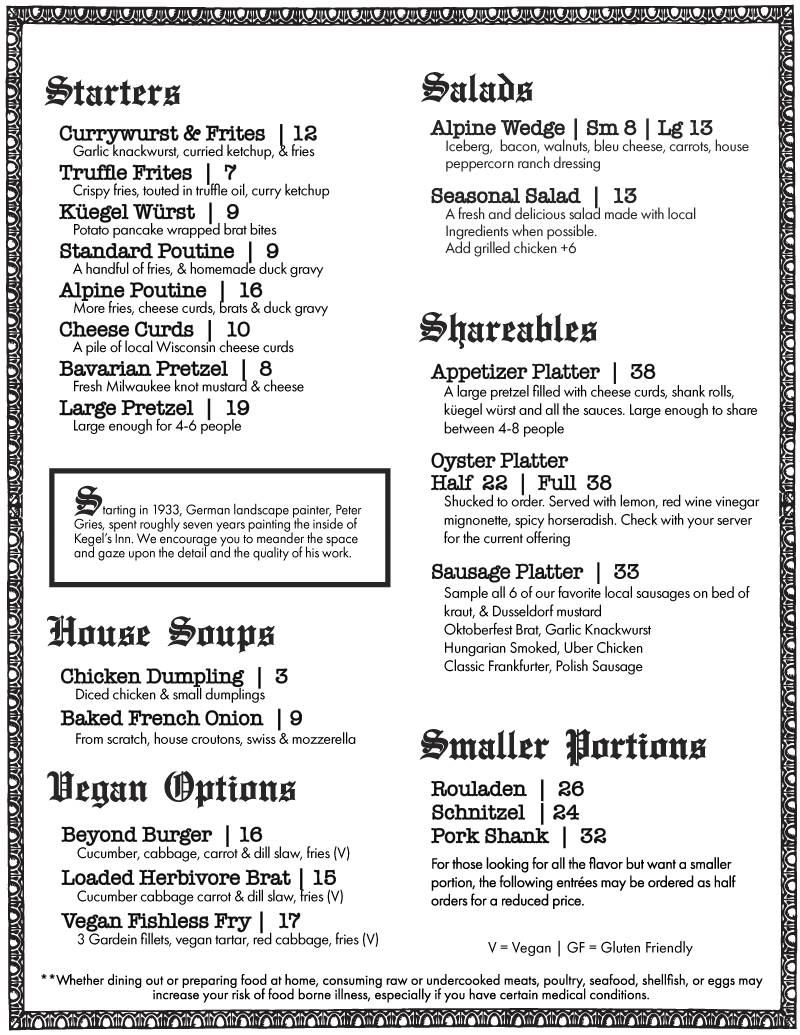 Menu at Kegel's Inn restaurant, West Allis