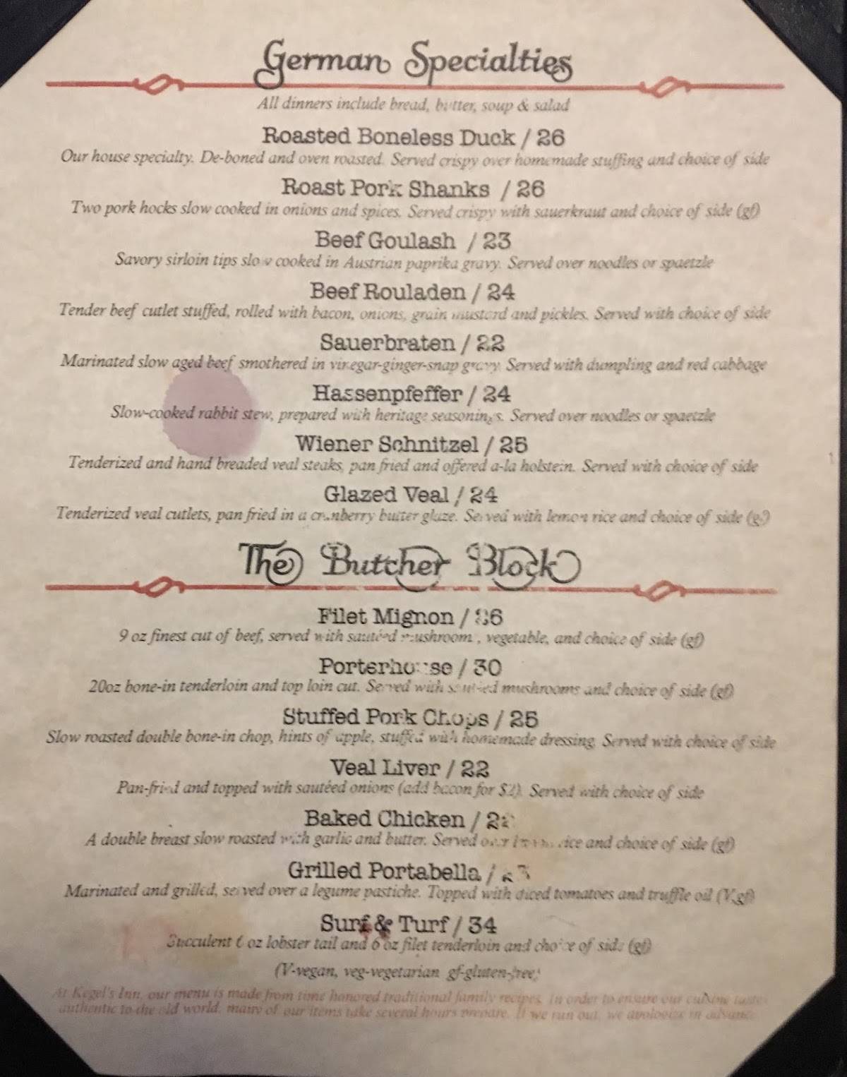Menu at Kegel's Inn restaurant, West Allis