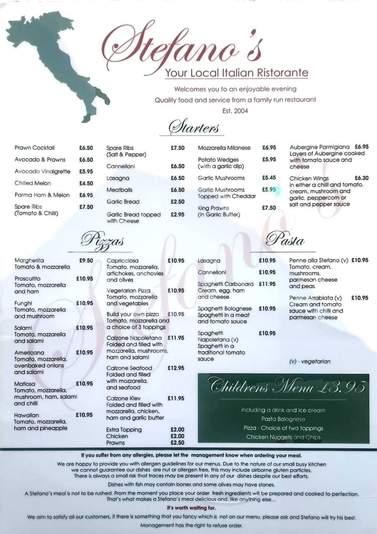 Menu at Stefano's restaurant, Keighley