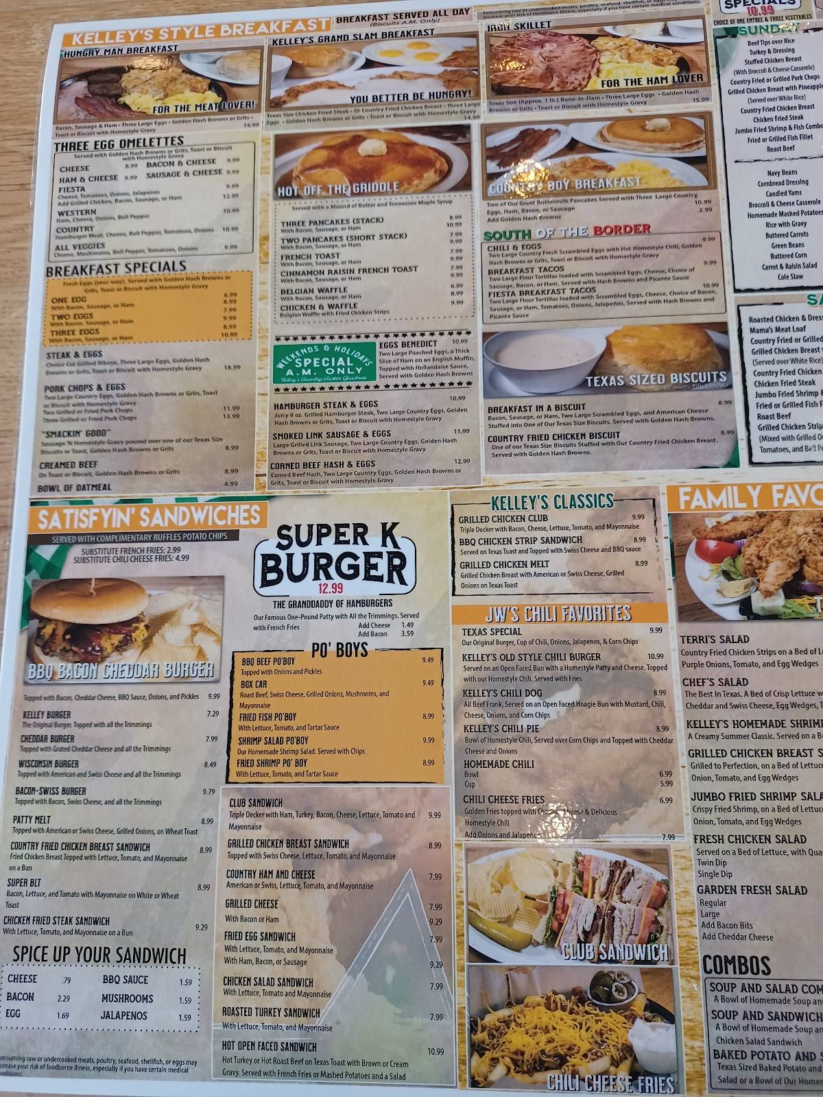 Menu at Kelley's Country Cookin' restaurant, Pasadena, Spencer Hwy
