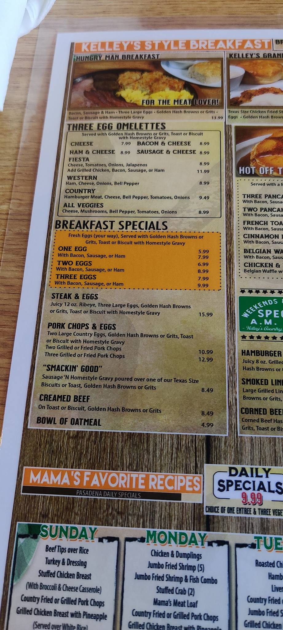 Menu at Kelley's Country Cookin' restaurant, Pasadena, Spencer Hwy