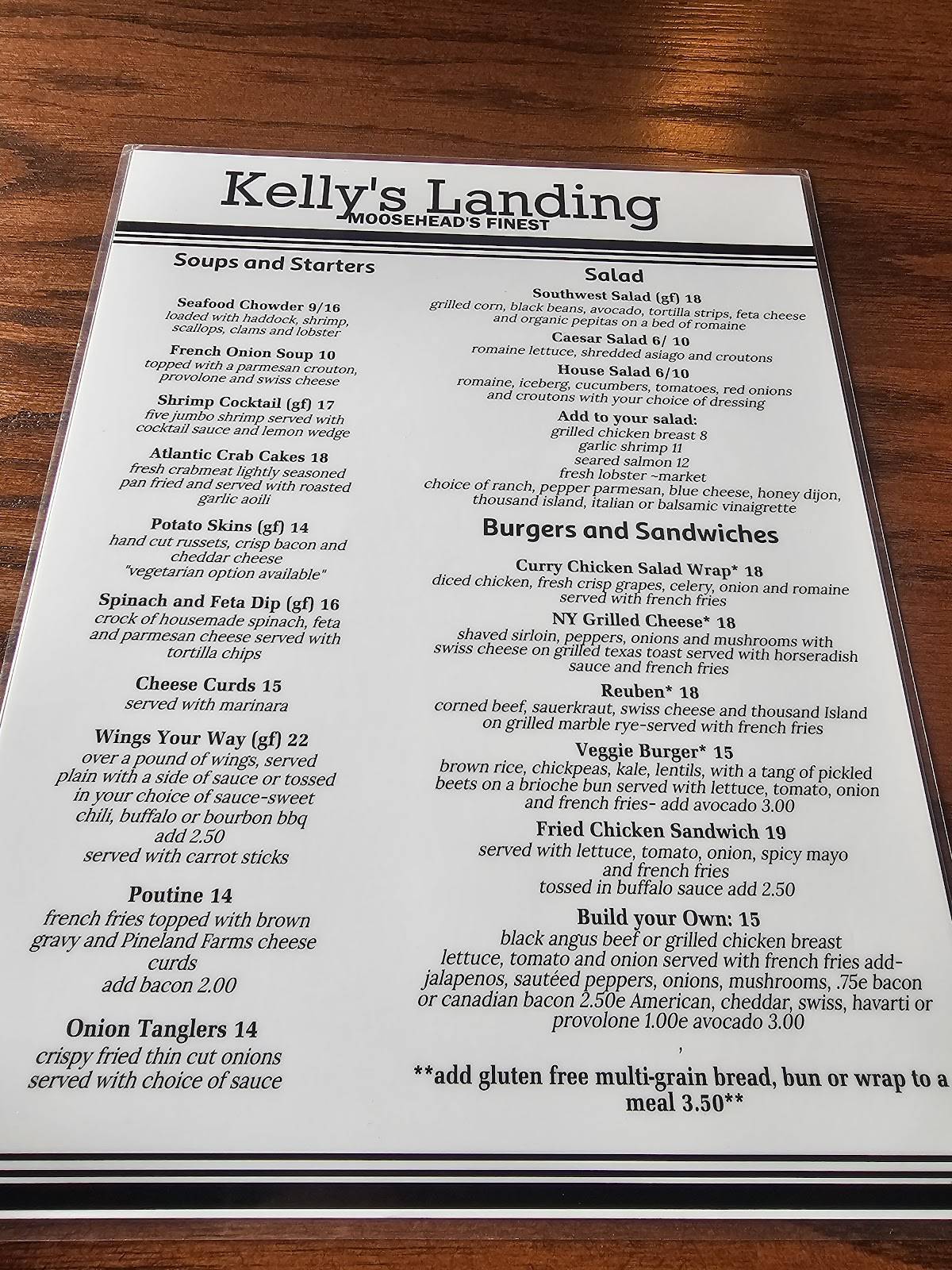 Menu at Kelly's Landing restaurant, Greenville