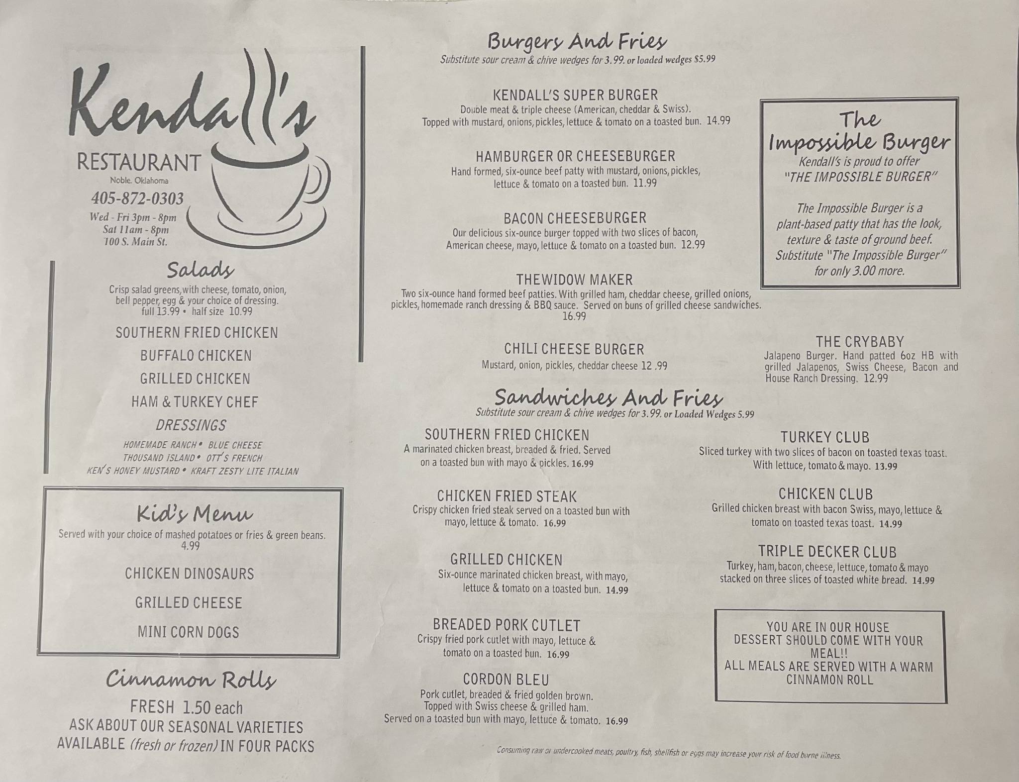 Menu at Kendall's restaurant, Noble