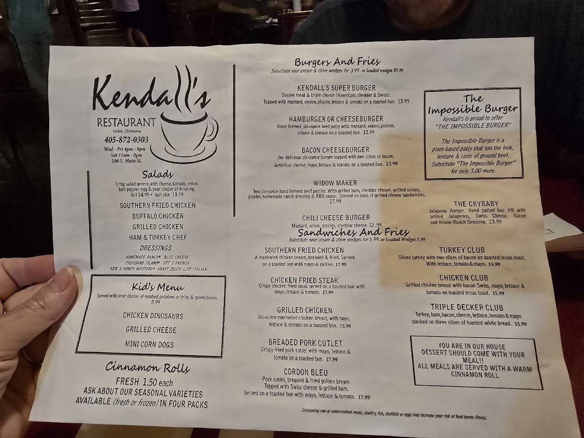 Menu at Kendall's restaurant, Noble