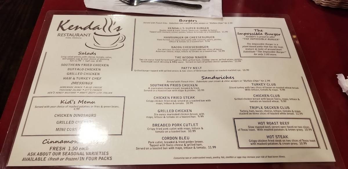 Menu at Kendall's restaurant, Noble