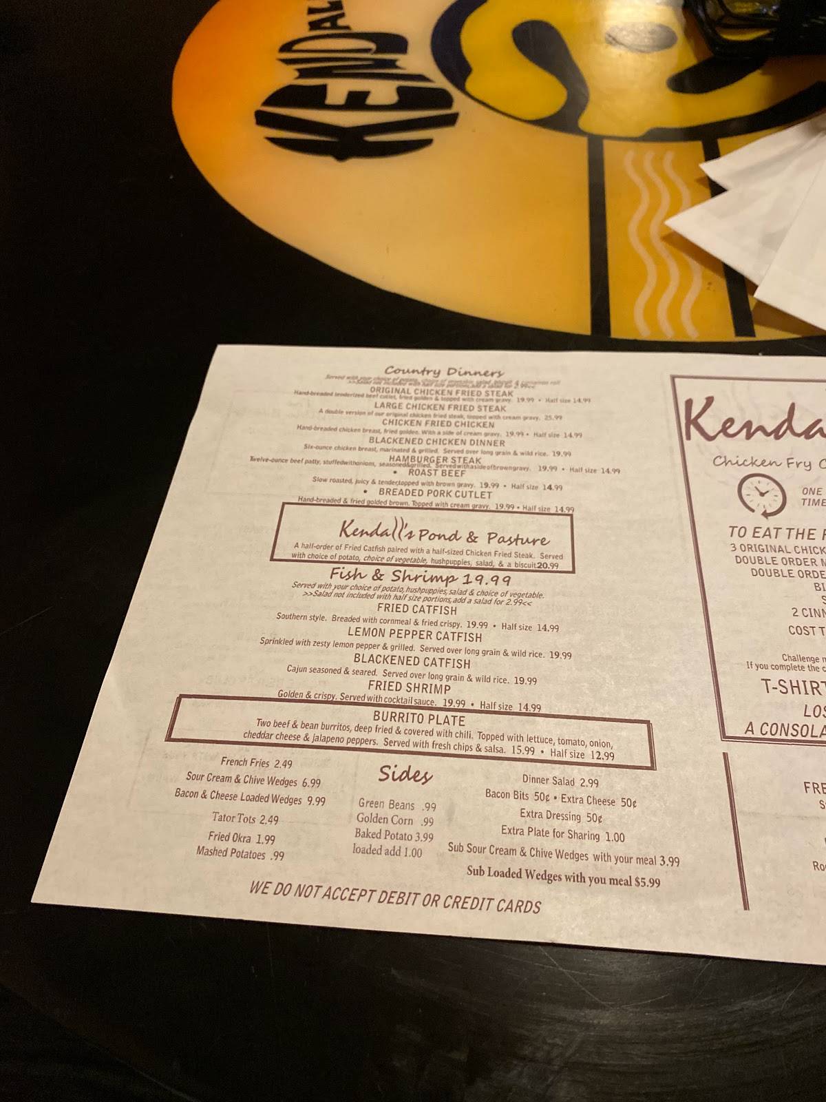 Menu at Kendall's restaurant, Noble